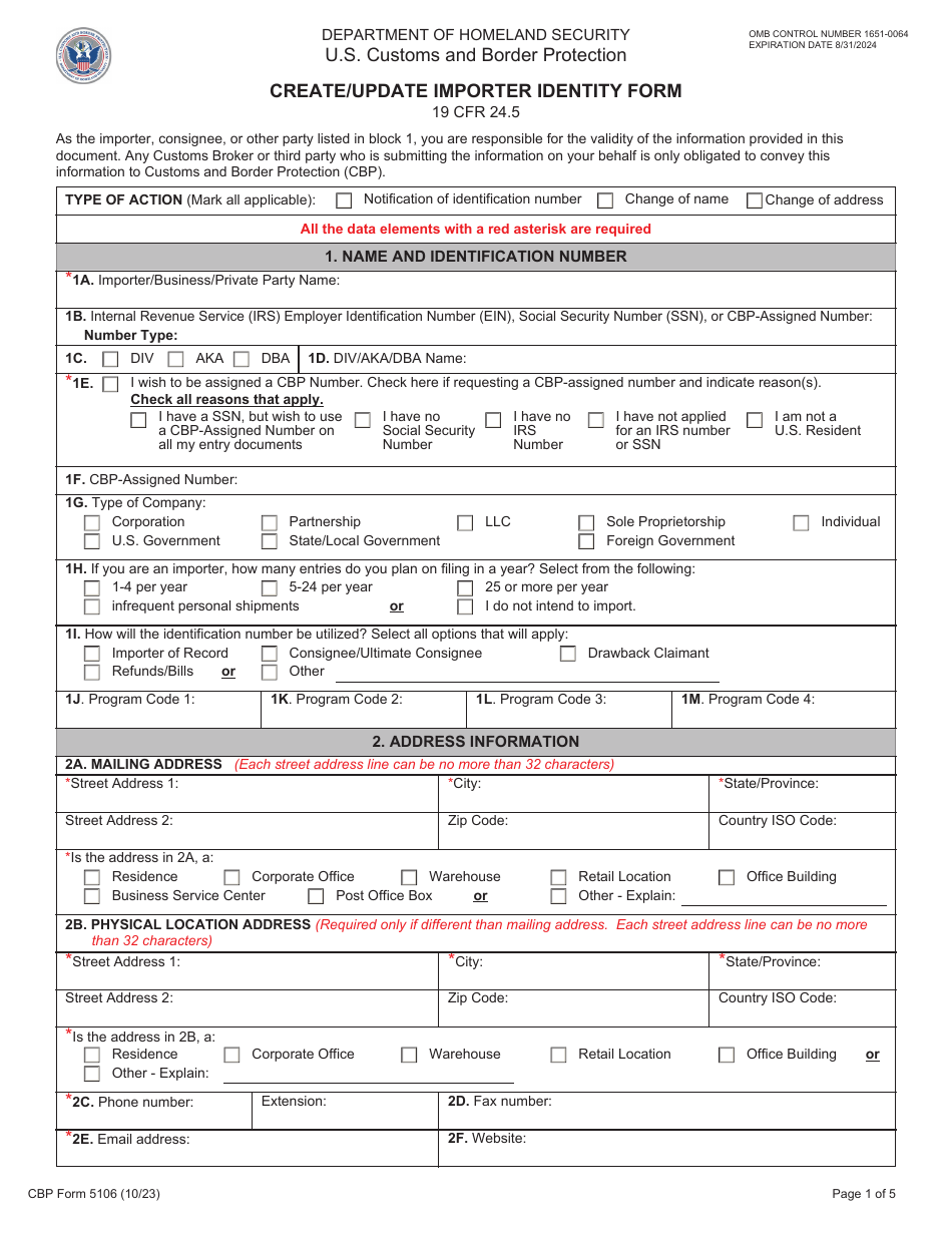 CBP Form 5106 Download Fillable PDF or Fill Online Create/Update ...