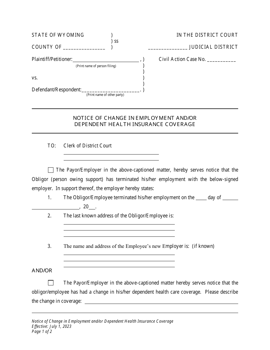 Wyoming Notice of Change in Employment and/or Dependent Health ...