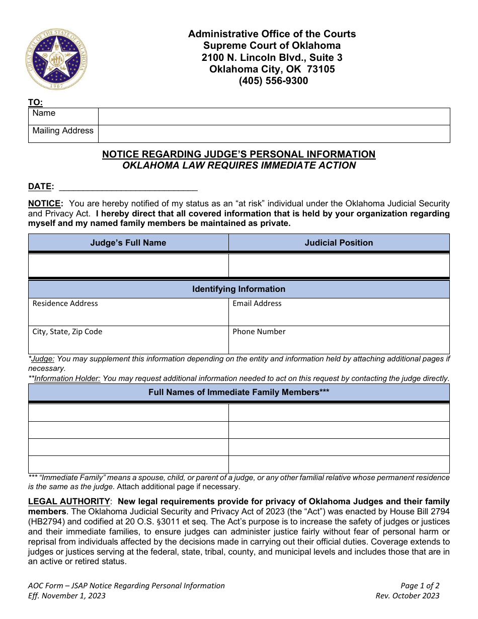 Oklahoma Notice Regarding Judge's Personal Information - Fill Out, Sign ...