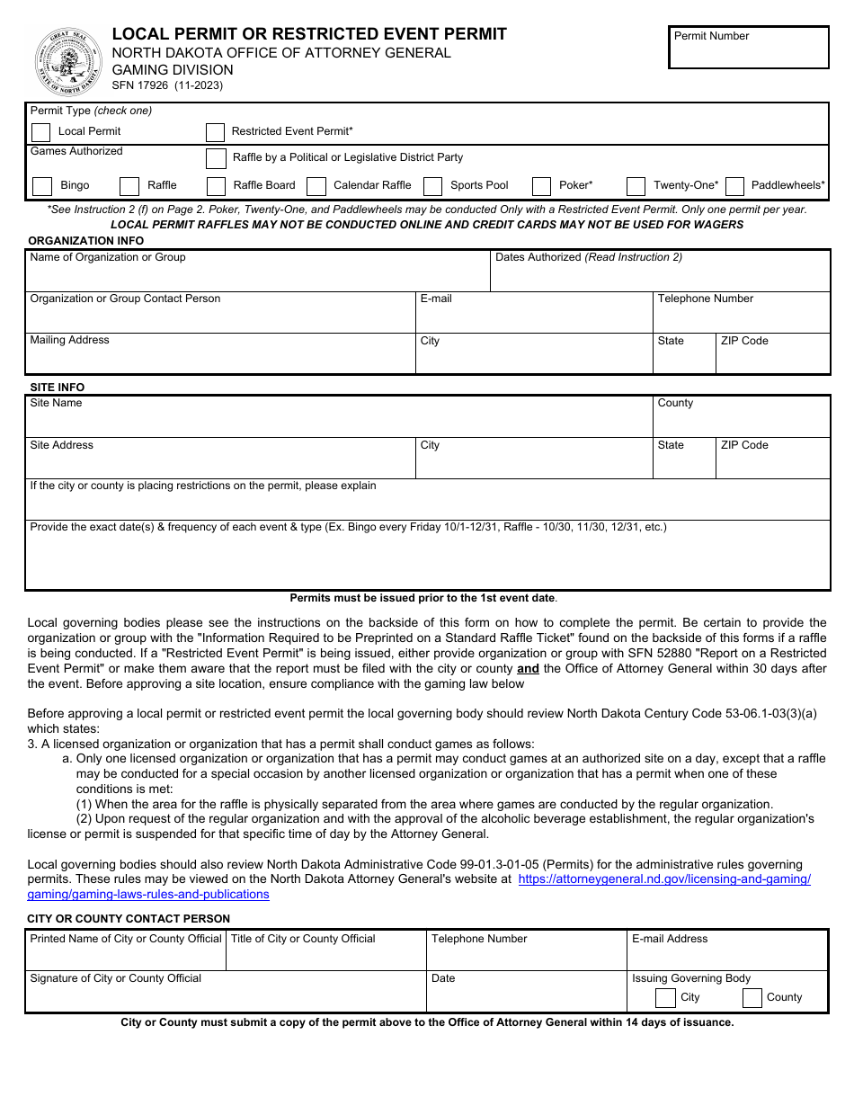 Form SFN17926 Download Fillable PDF or Fill Online Local Permit or ...