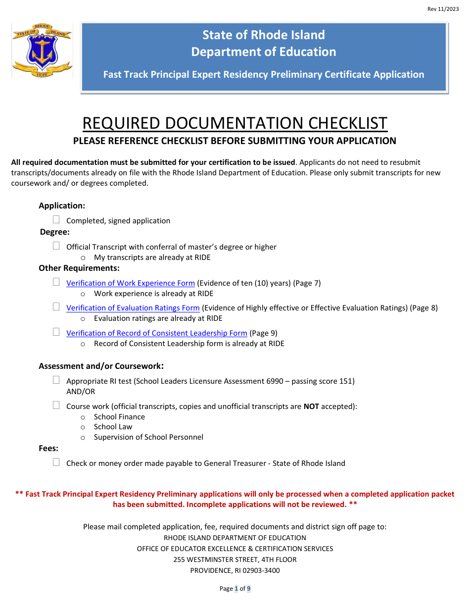 Rhode Island Fast Track Principal Expert Residency Preliminary ...