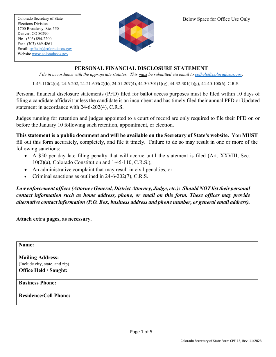 Form CPF-13 Download Fillable PDF or Fill Online Personal Financial ...