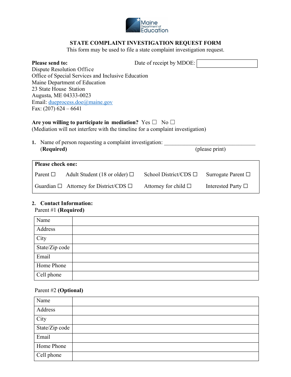 Maine State Complaint Investigation Request Form Download Printable PDF ...