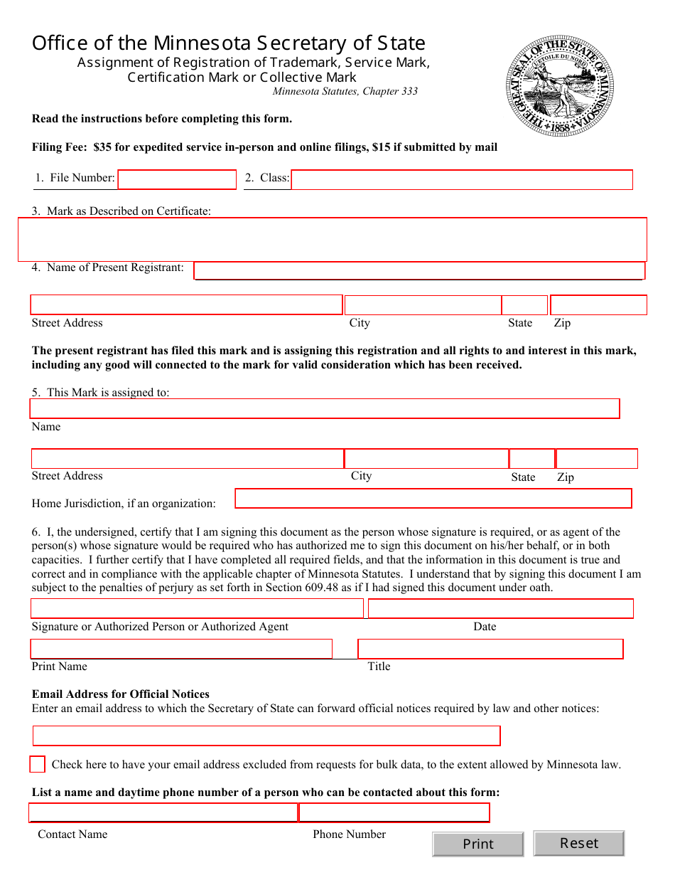 Minnesota Assignment of Registration of Trademark, Service Mark ...