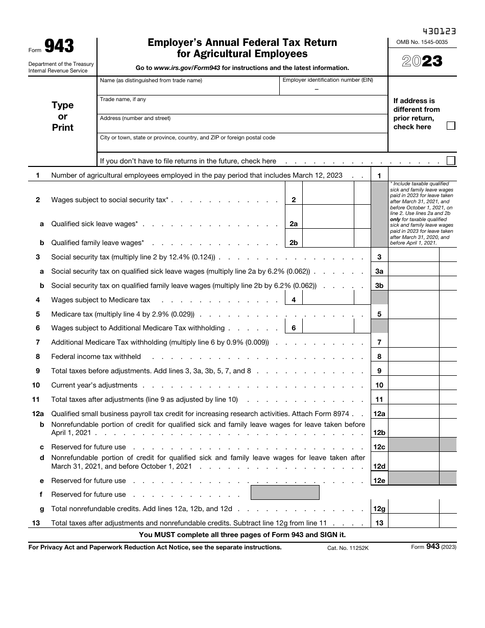 IRS Form 943 Download Fillable PDF or Fill Online Employer's Annual ...