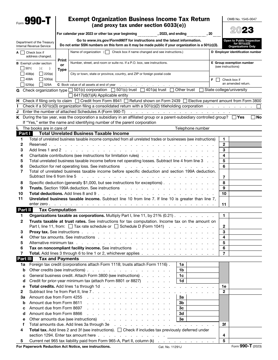 IRS Form 990-T Download Fillable PDF or Fill Online Exempt Organization ...