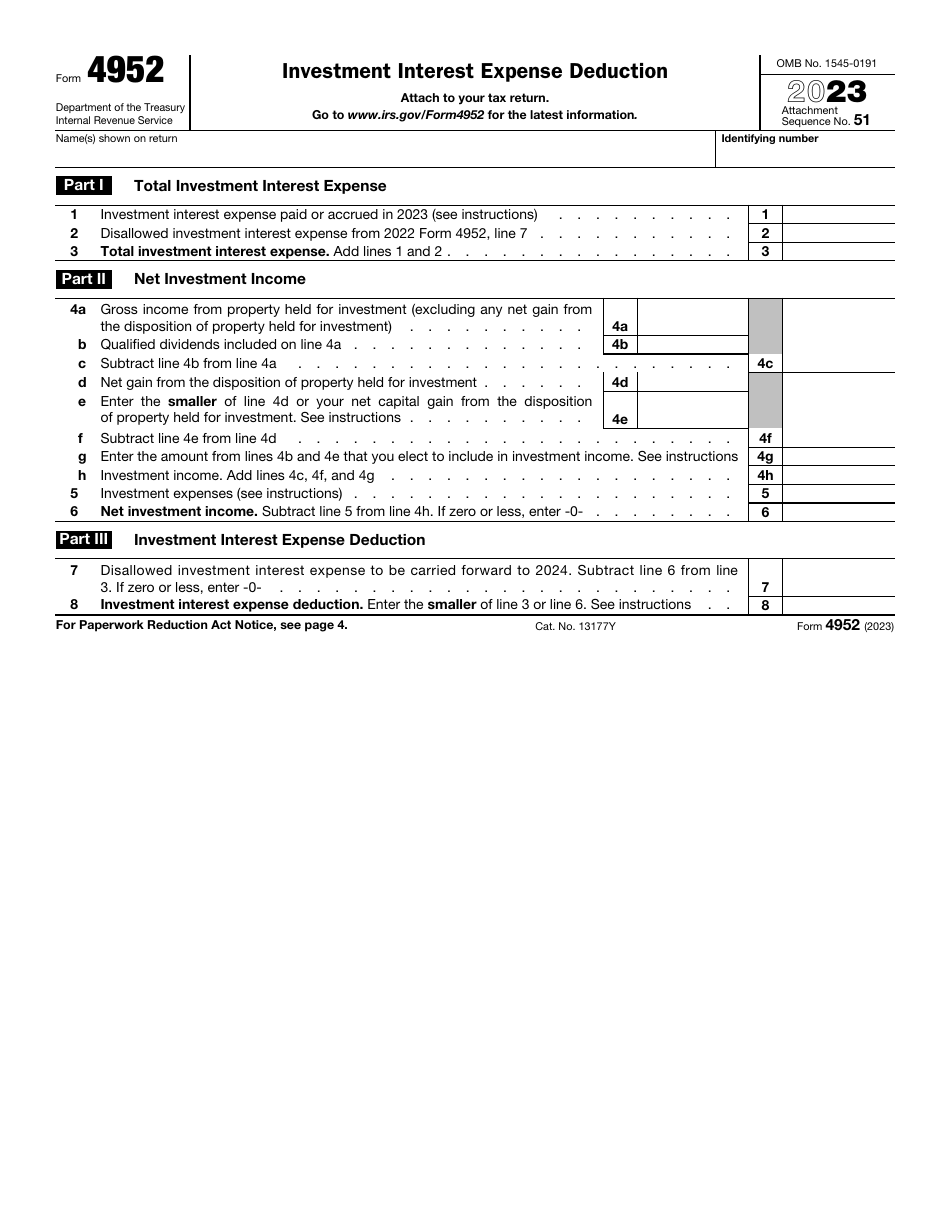 IRS Form 4952 Download Fillable PDF or Fill Online Investment Interest ...