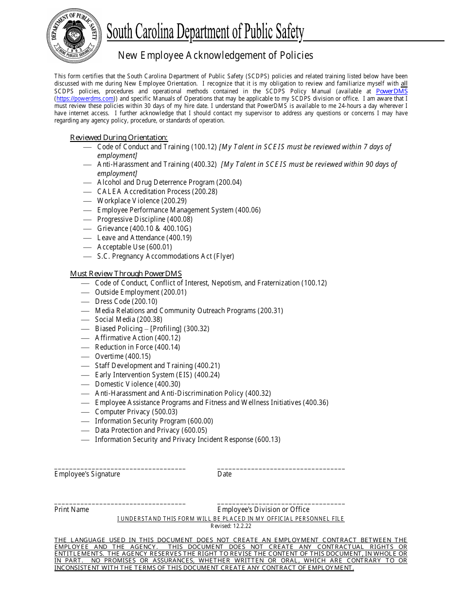 South Carolina New Employee Acknowledgement of Policies - Fill Out ...