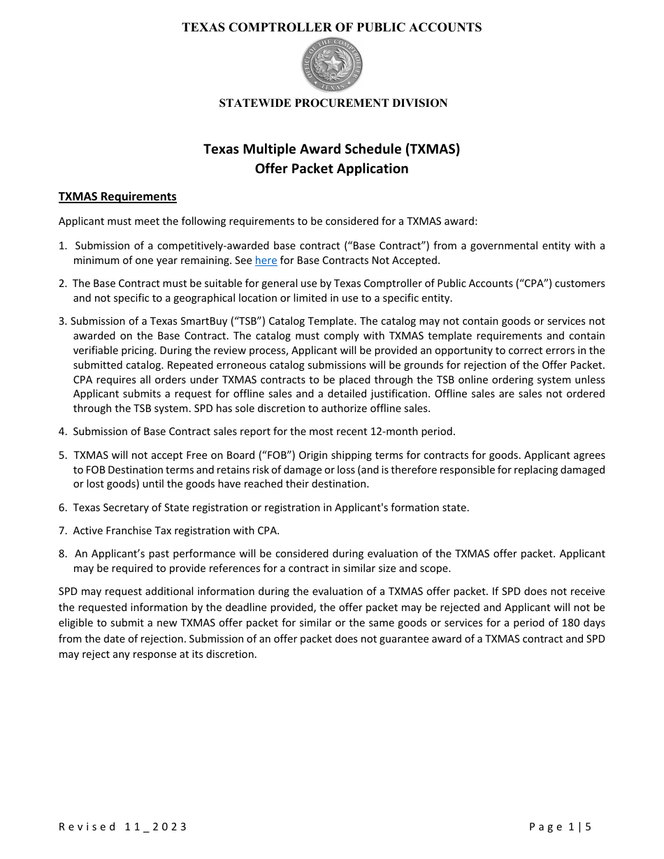 Texas Texas Multiple Award Schedule (Txmas) Offer Application - Fill ...
