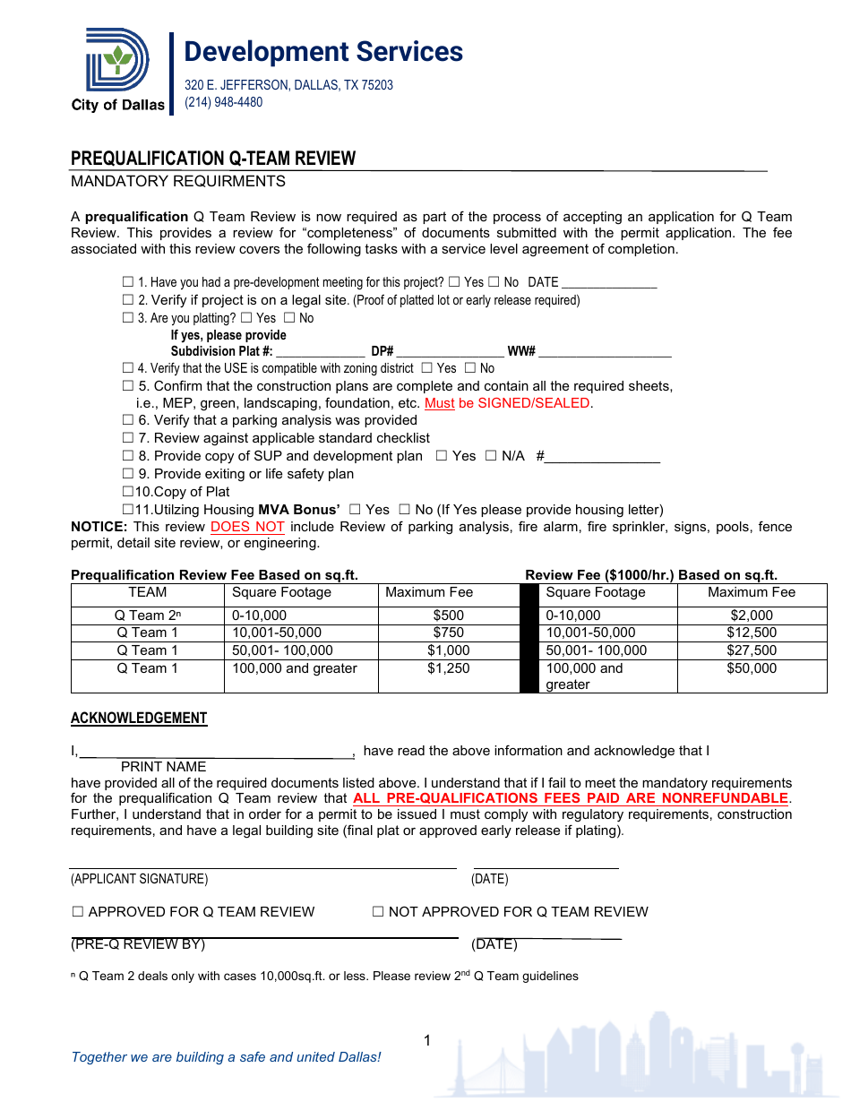 City of Dallas, Texas Prequalification Q-Team Review Checklist - Fill ...