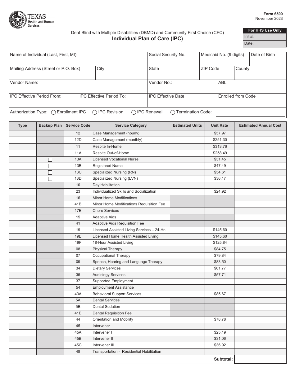 Form 6500 Download Fillable PDF or Fill Online Individual Plan of Care ...