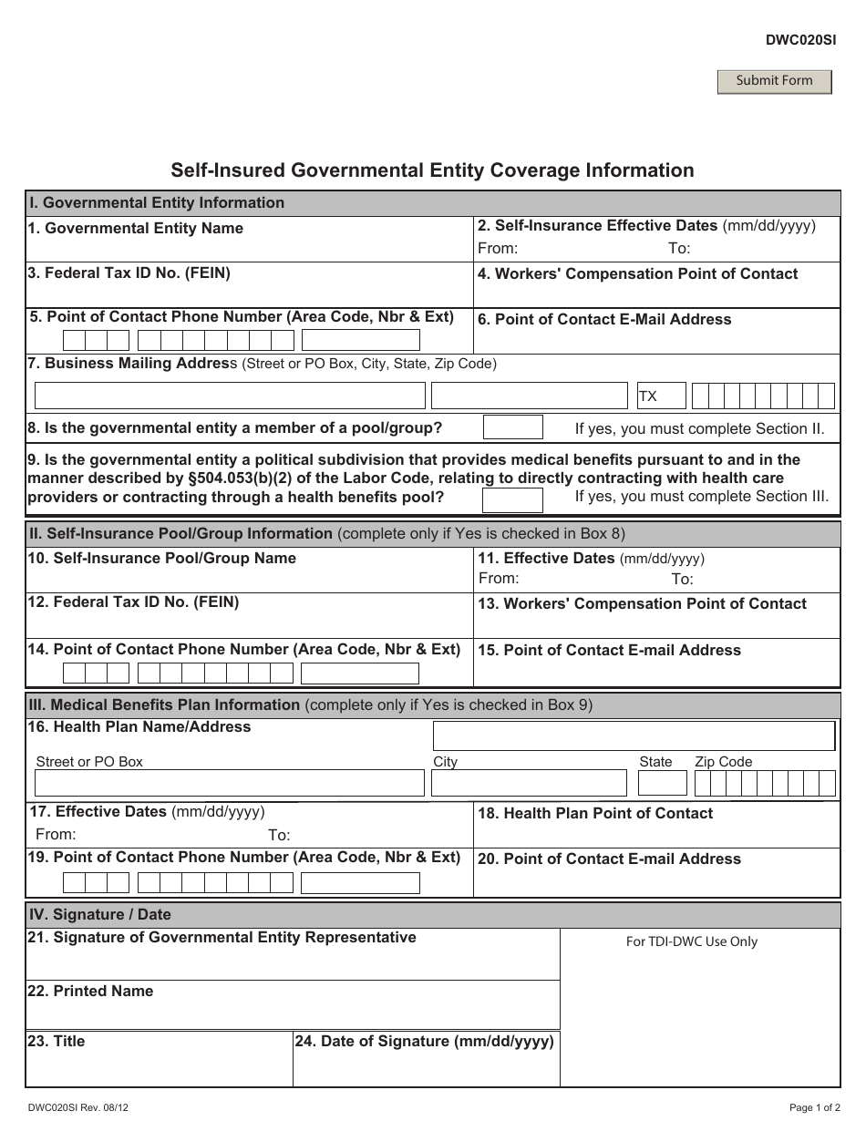 Form DWC020SI - Fill Out, Sign Online and Download Fillable PDF, Texas ...