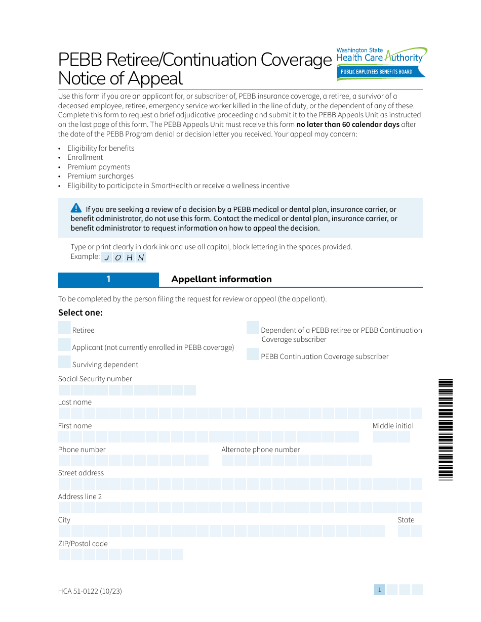 Form HCA51-0122 Download Fillable PDF or Fill Online Pebb Retiree ...