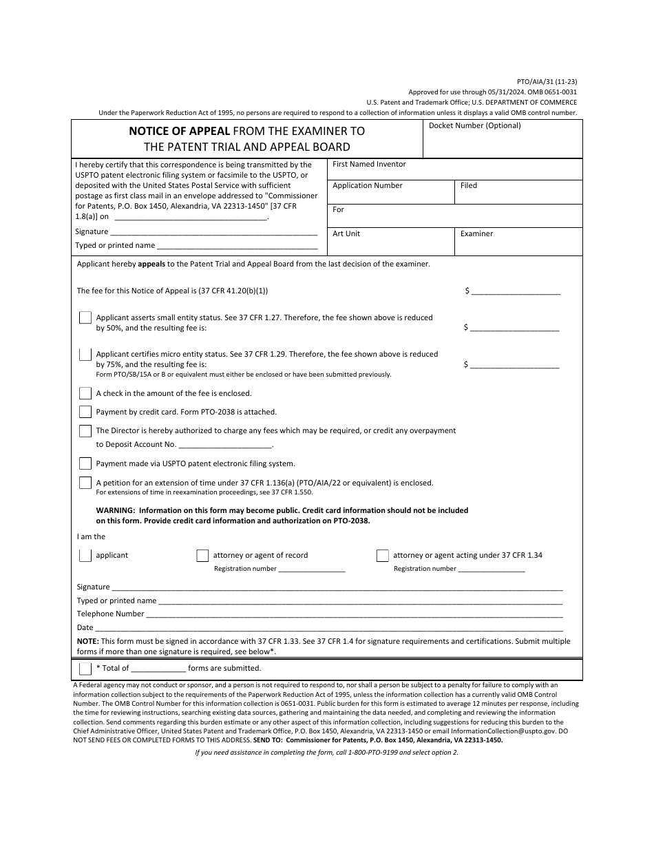 Form PTO/AIA/31 Download Fillable PDF or Fill Online Notice of Appeal ...