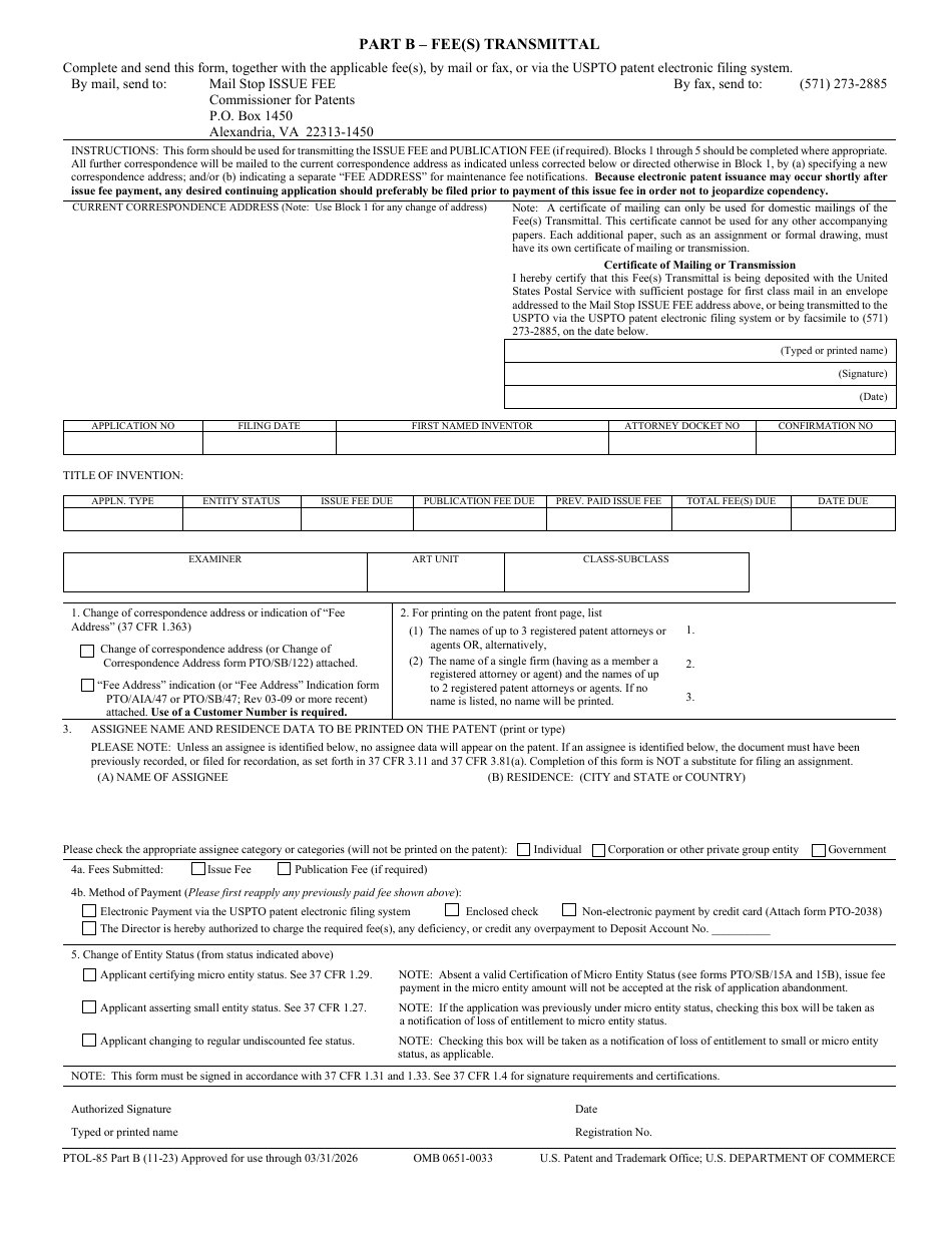 Form PTOL-85 Part B Download Fillable PDF or Fill Online Fee(S ...