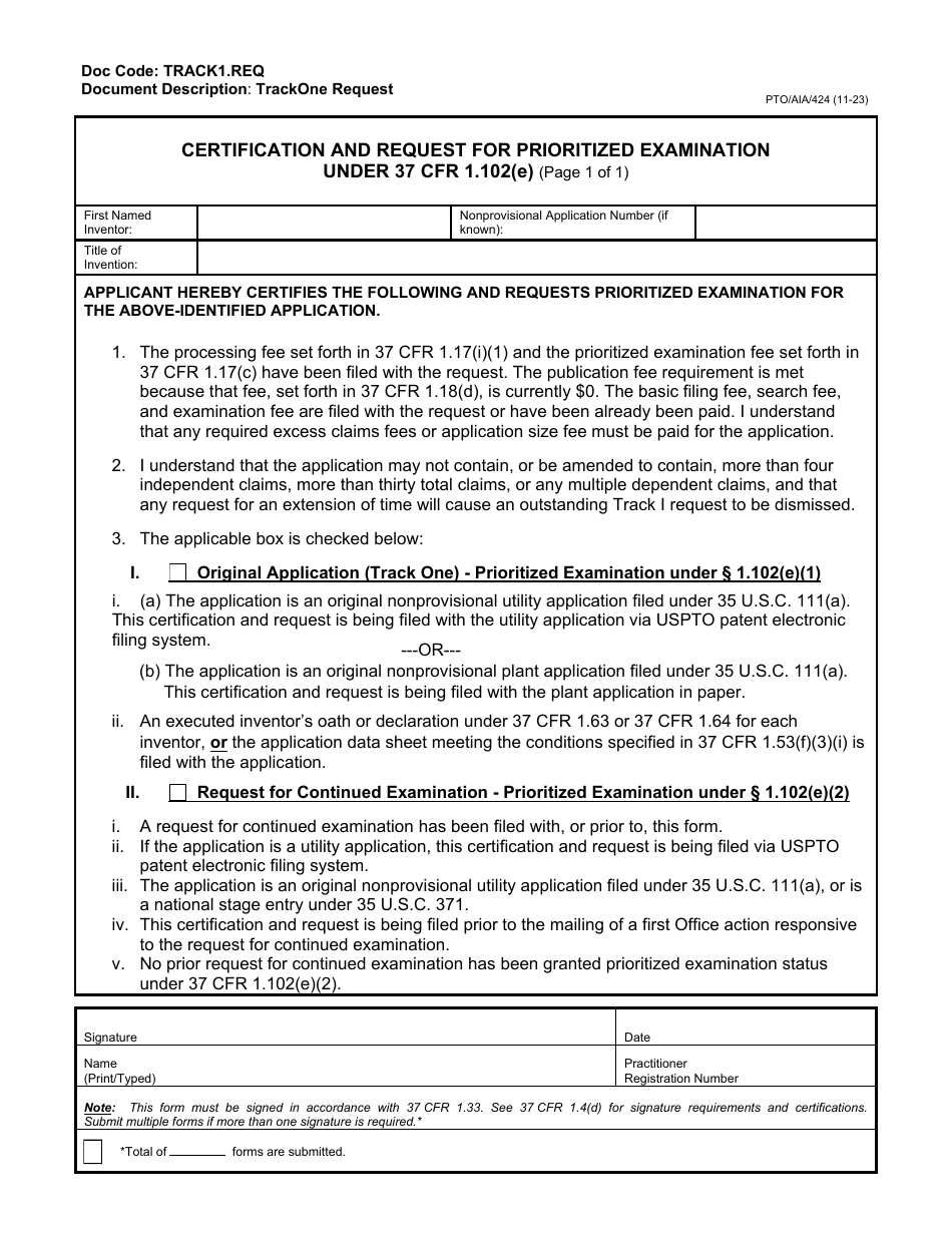 Form PTO/AIA/424 Download Fillable PDF or Fill Online Certification and ...