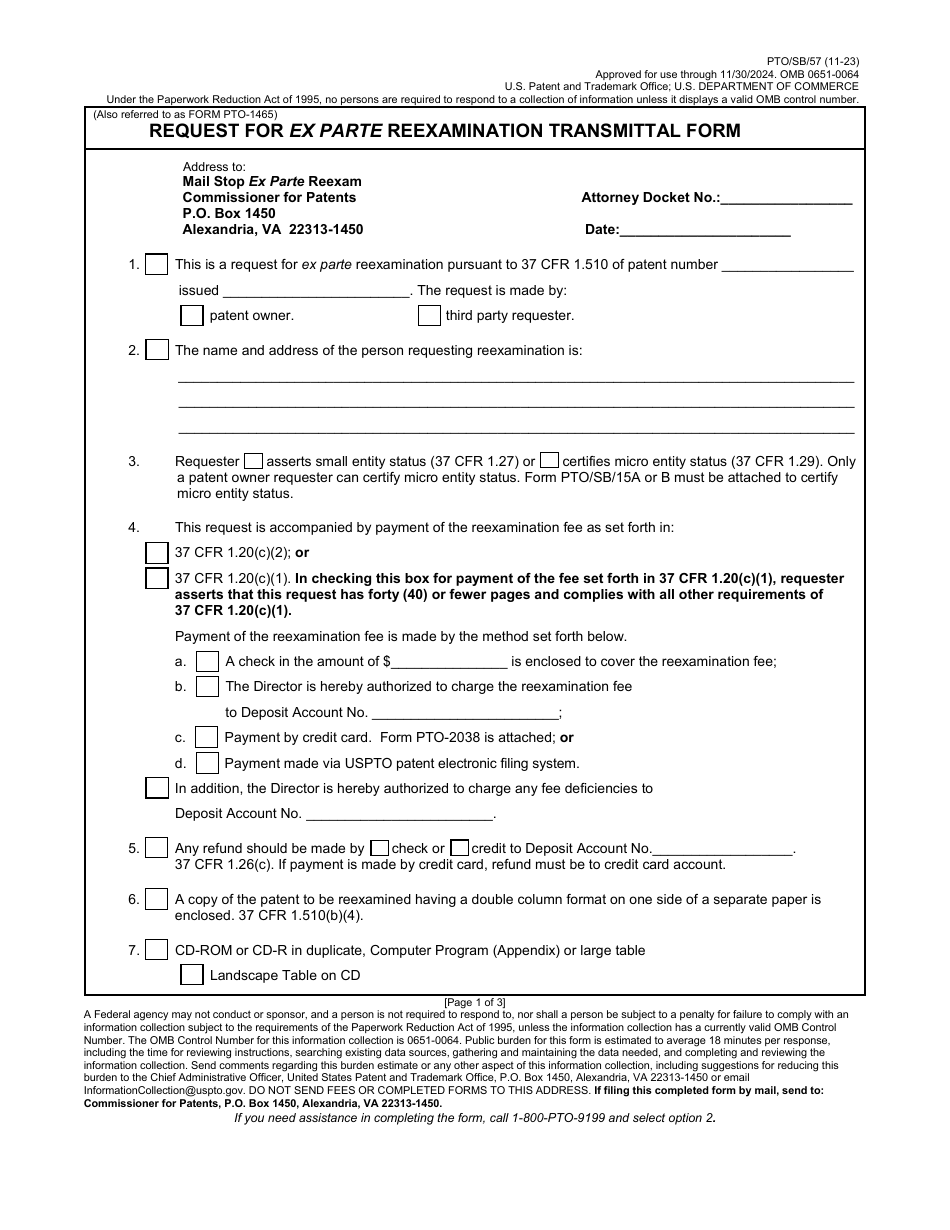 Form PTO/SB/57 Download Fillable PDF or Fill Online Request for Ex ...