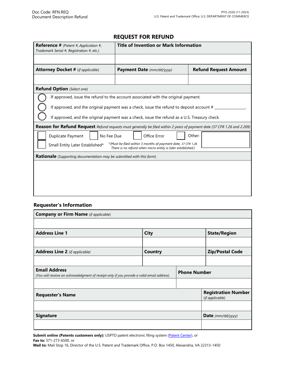 Form PTO-2326 Download Fillable PDF or Fill Online Request for Refund ...