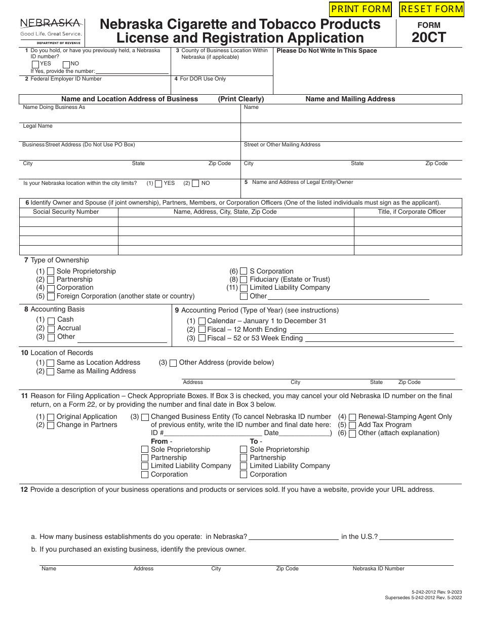 Form 20CT Download Fillable PDF or Fill Online Nebraska Cigarette and ...