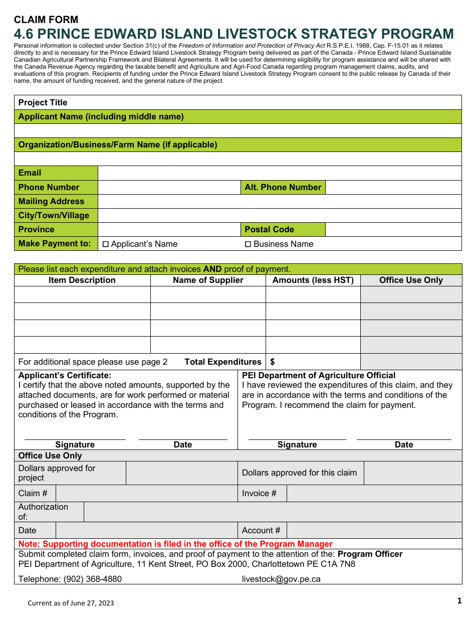 Prince Edward Island Canada Claim Form - Prince Edward Island Livestock ...