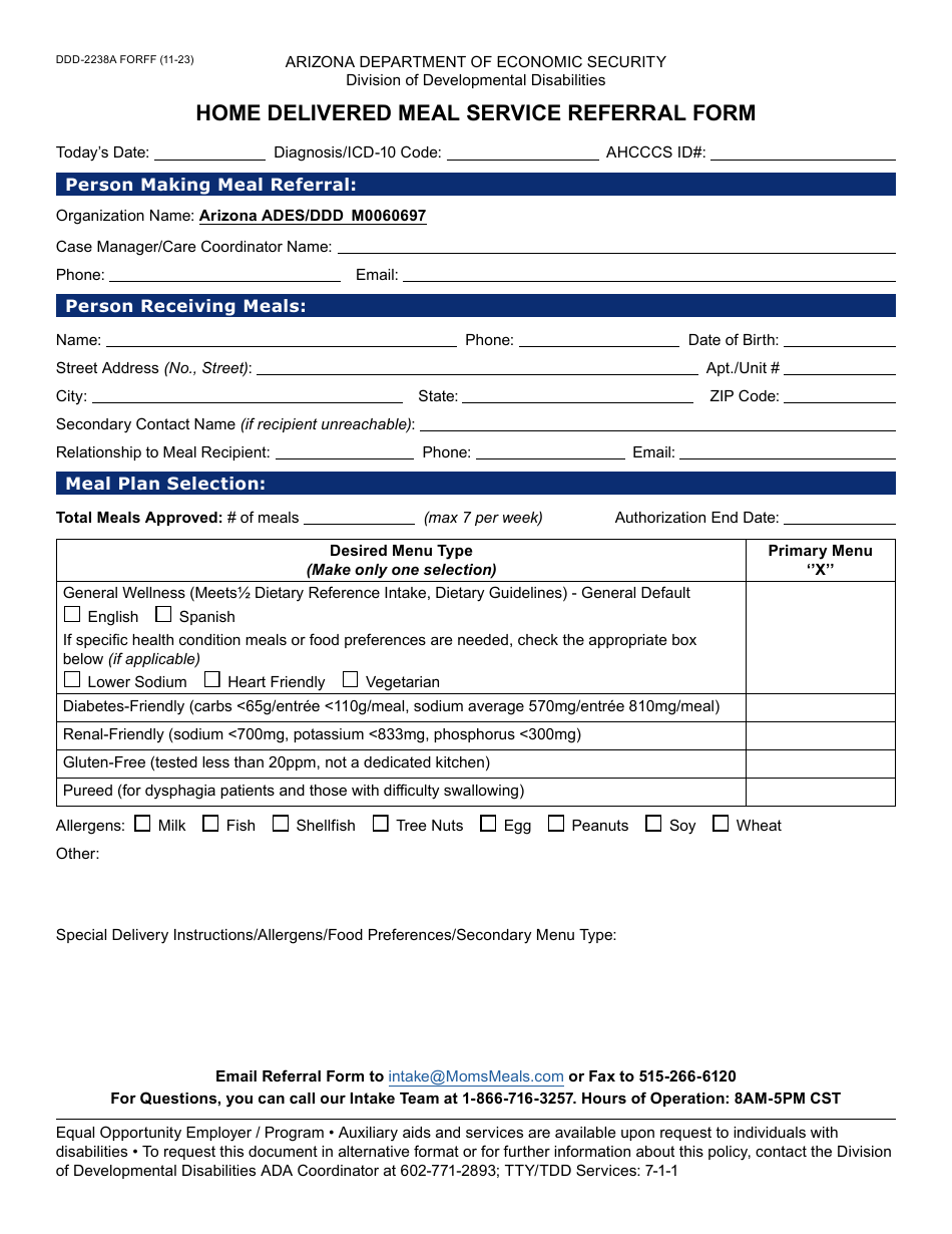Form DDD-2238A Download Fillable PDF or Fill Online Home Delivered Meal Service Referral Form ...