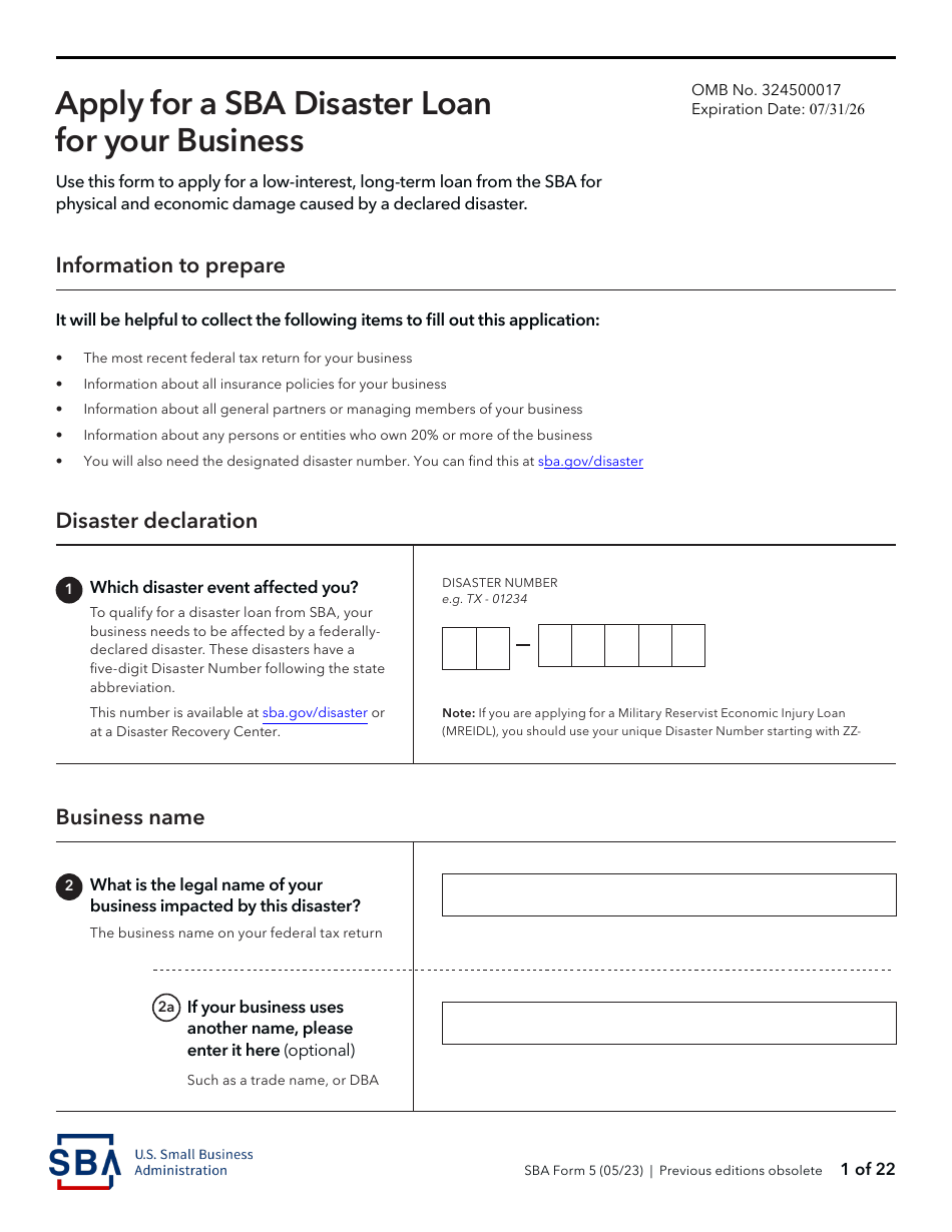 SBA Form 5 Download Fillable PDF or Fill Online Disaster Business Loan ... SBA Form 5 Download Fillable PDF or Fill Online Disaster Business Loan ...