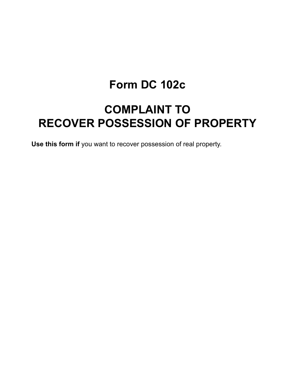 Form DC102C Download Fillable PDF or Fill Online Complaint to Recover ...