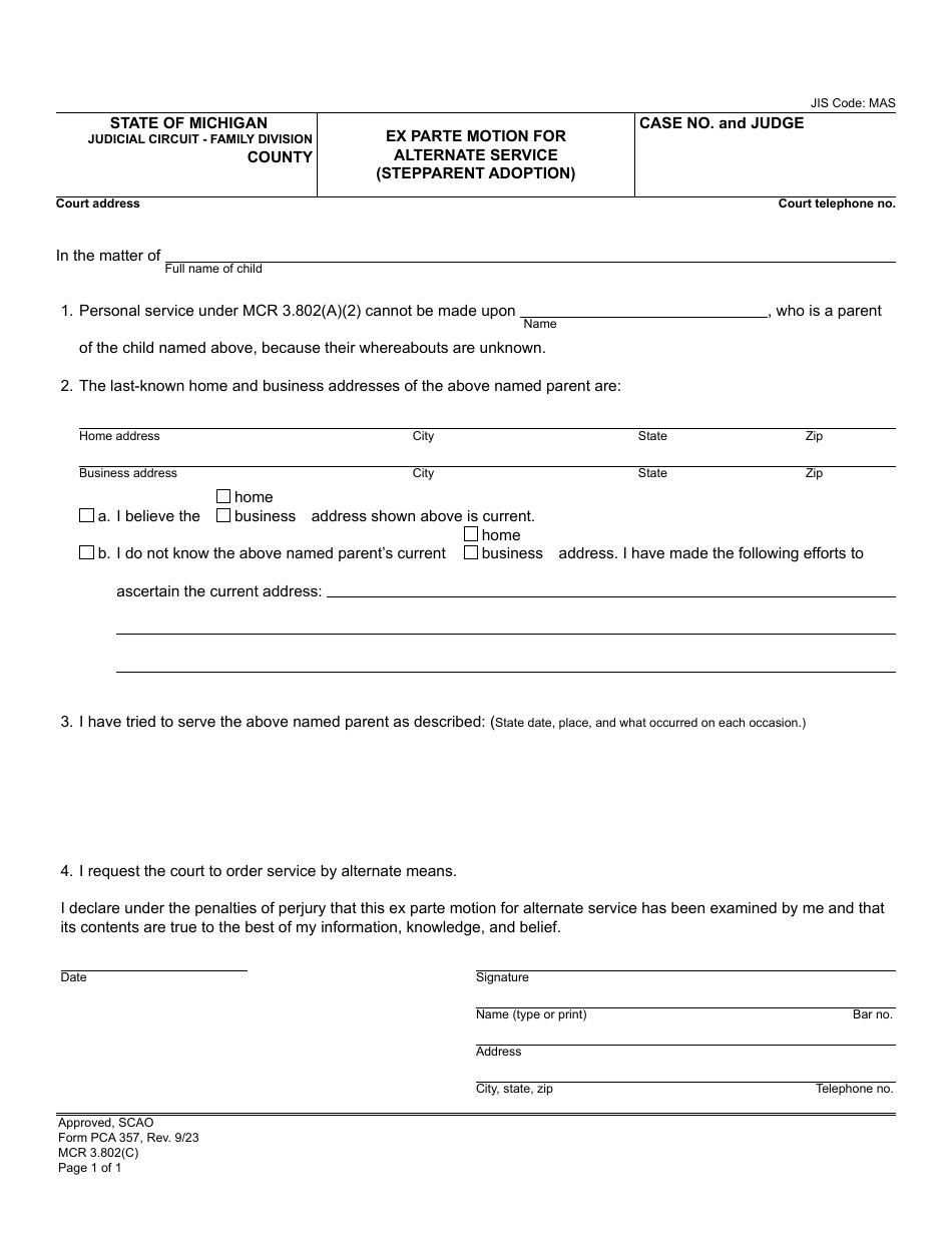 Form PCA357 - Fill Out, Sign Online and Download Fillable PDF, Michigan ...