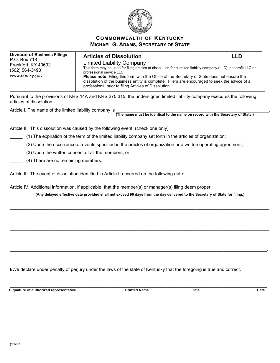 Form LLD Download Fillable PDF or Fill Online Articles of Dissolution - Limited Liability ...