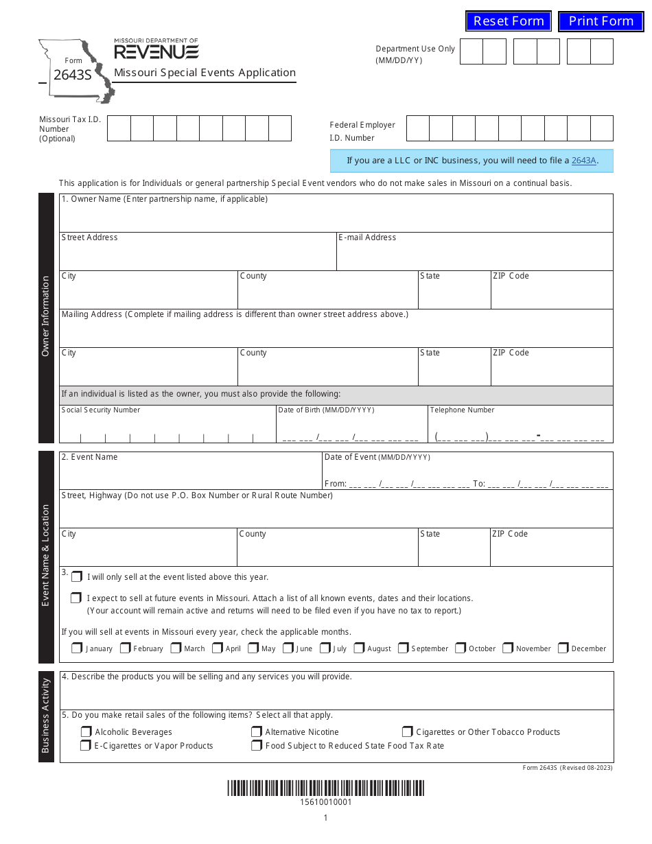 Form 2643S Download Fillable PDF or Fill Online Missouri Special Events ...
