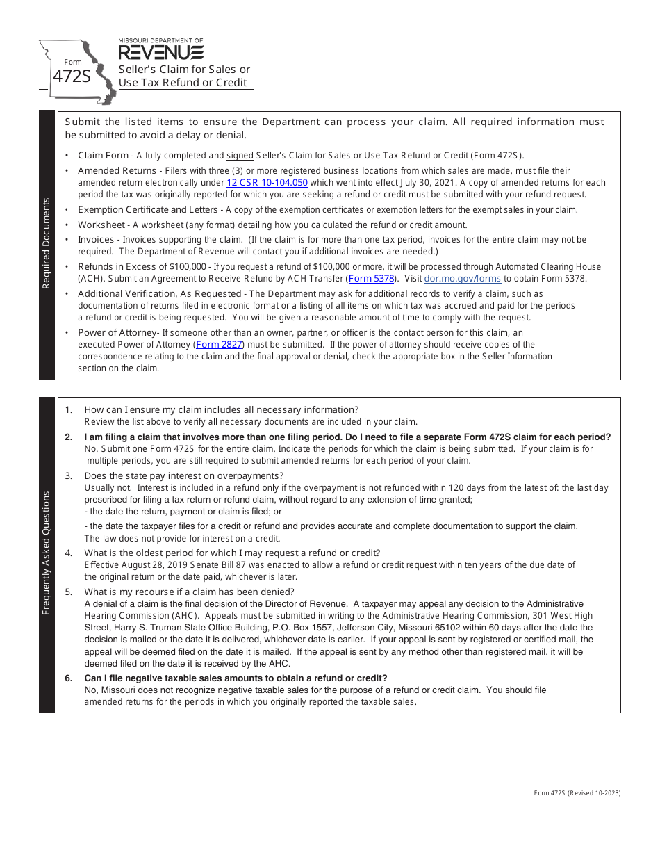 Form 472S Download Fillable PDF or Fill Online Seller's Claim for Sales ...