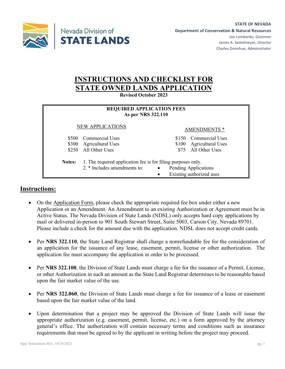Nevada Application for Authorization to Use State Owned Lands Download ...