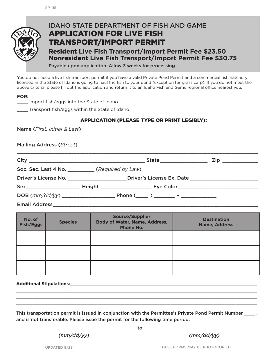 Form SP-115 - Fill Out, Sign Online and Download Printable PDF, Idaho ...