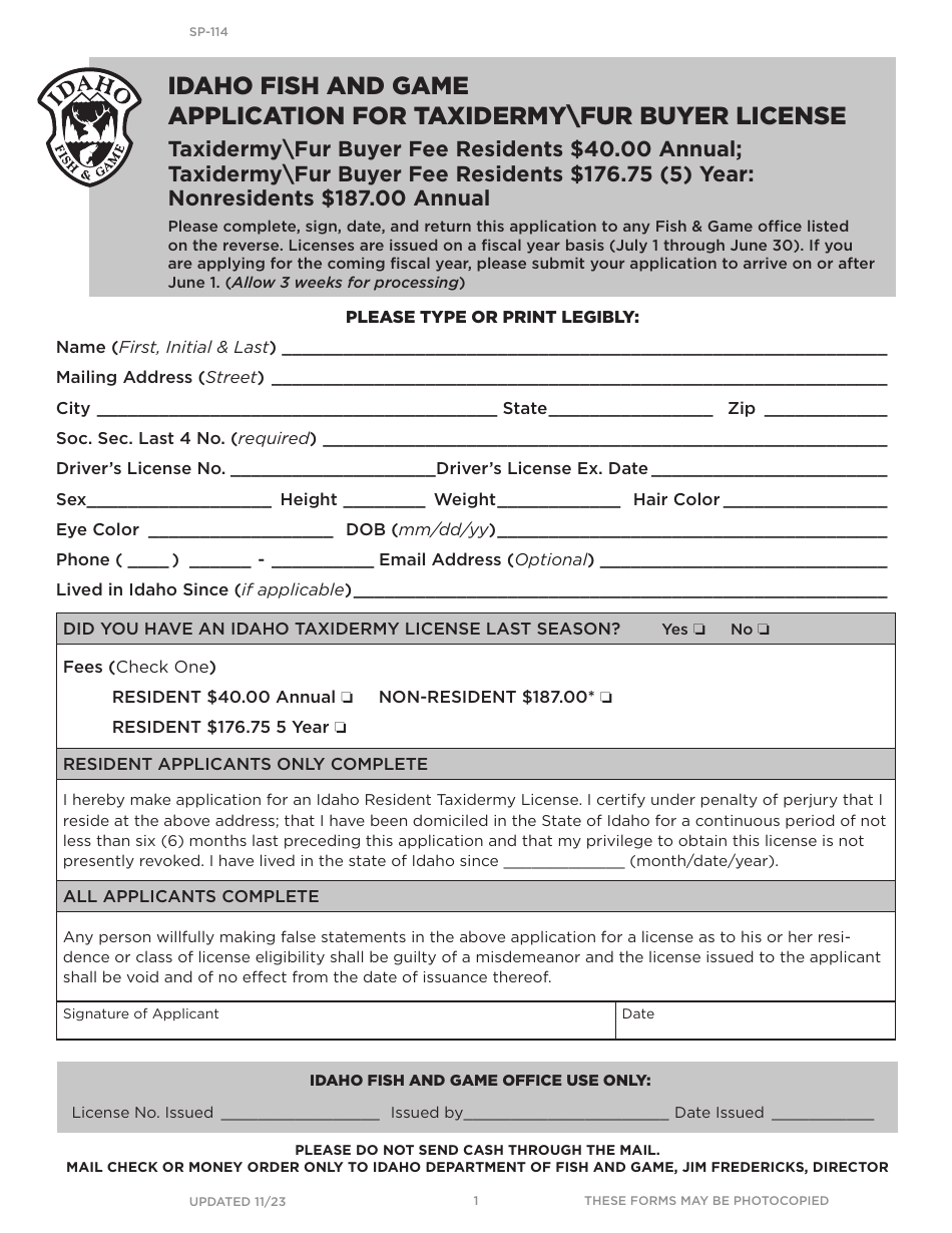 Form SP-114 Download Printable PDF or Fill Online Application for ...