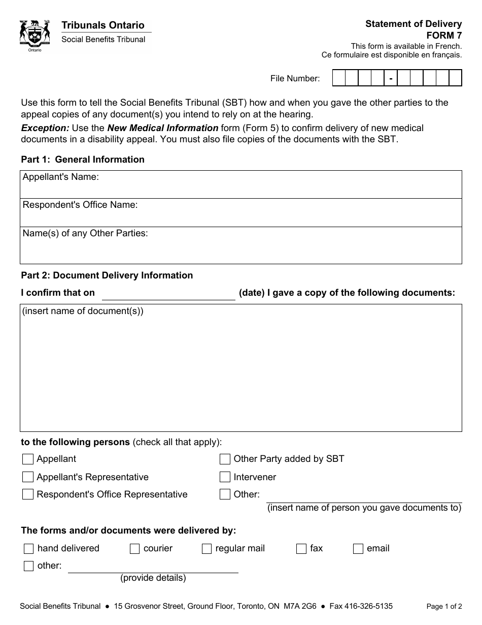 Form 7 Download Fillable PDF or Fill Online Statement of Delivery ...