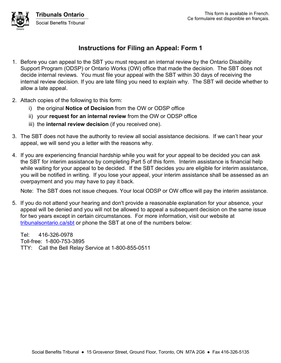 Form 1 Download Fillable PDF or Fill Online Appeal, Ontario Canada ...