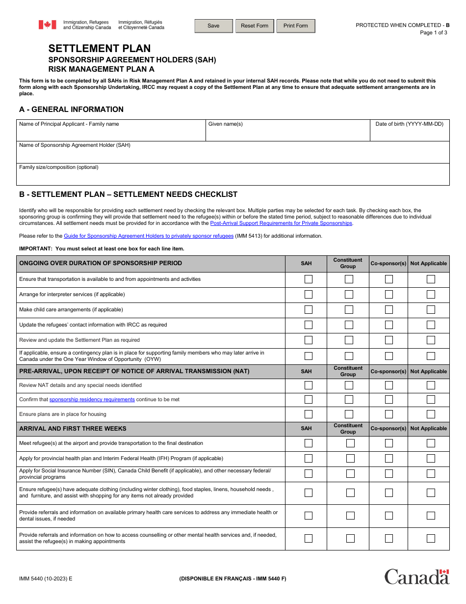 Form IMM5440 Download Fillable PDF Settlement Plan - Sponsorship ...