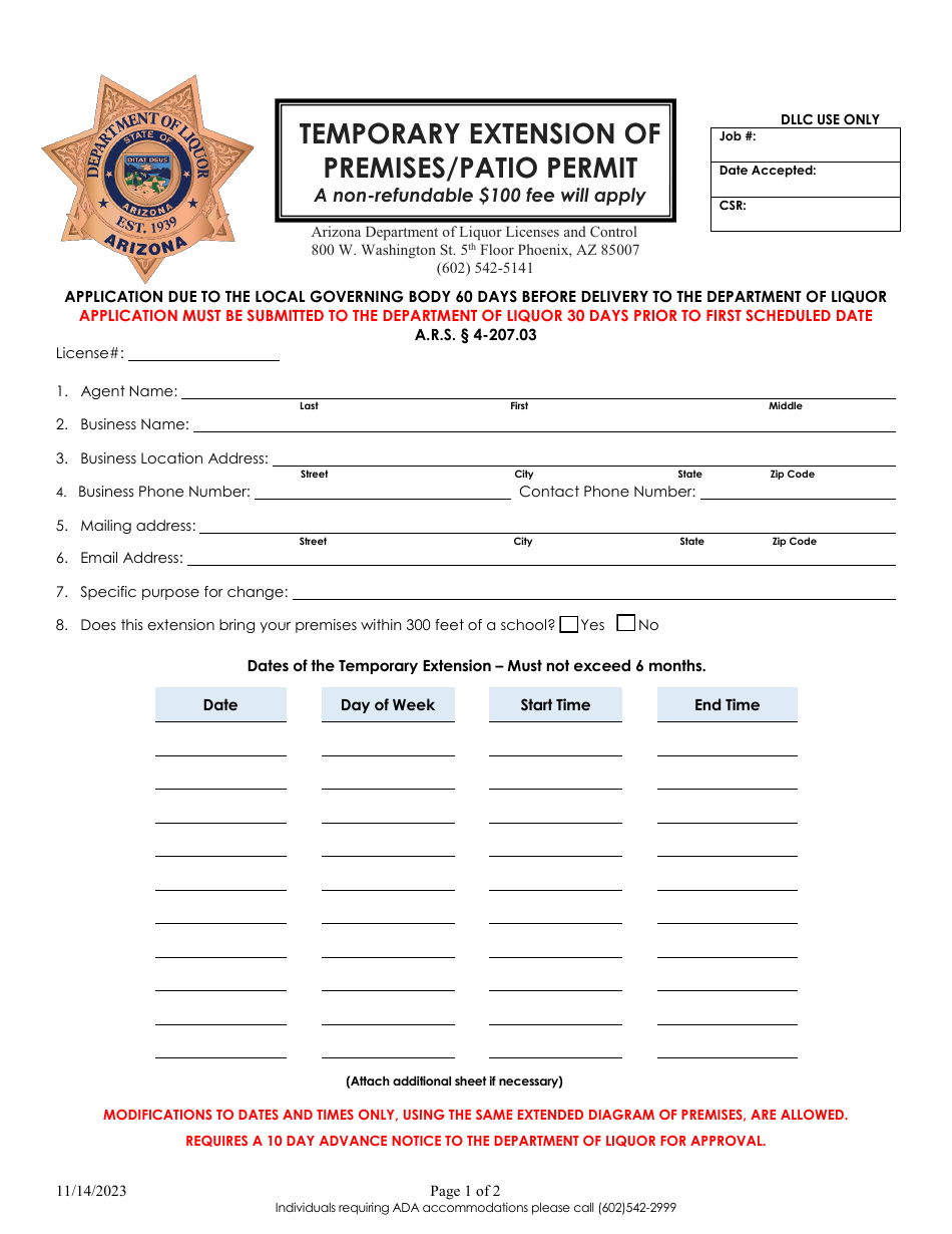 Arizona Temporary Extension of Premises/Patio Permit Download Fillable ...