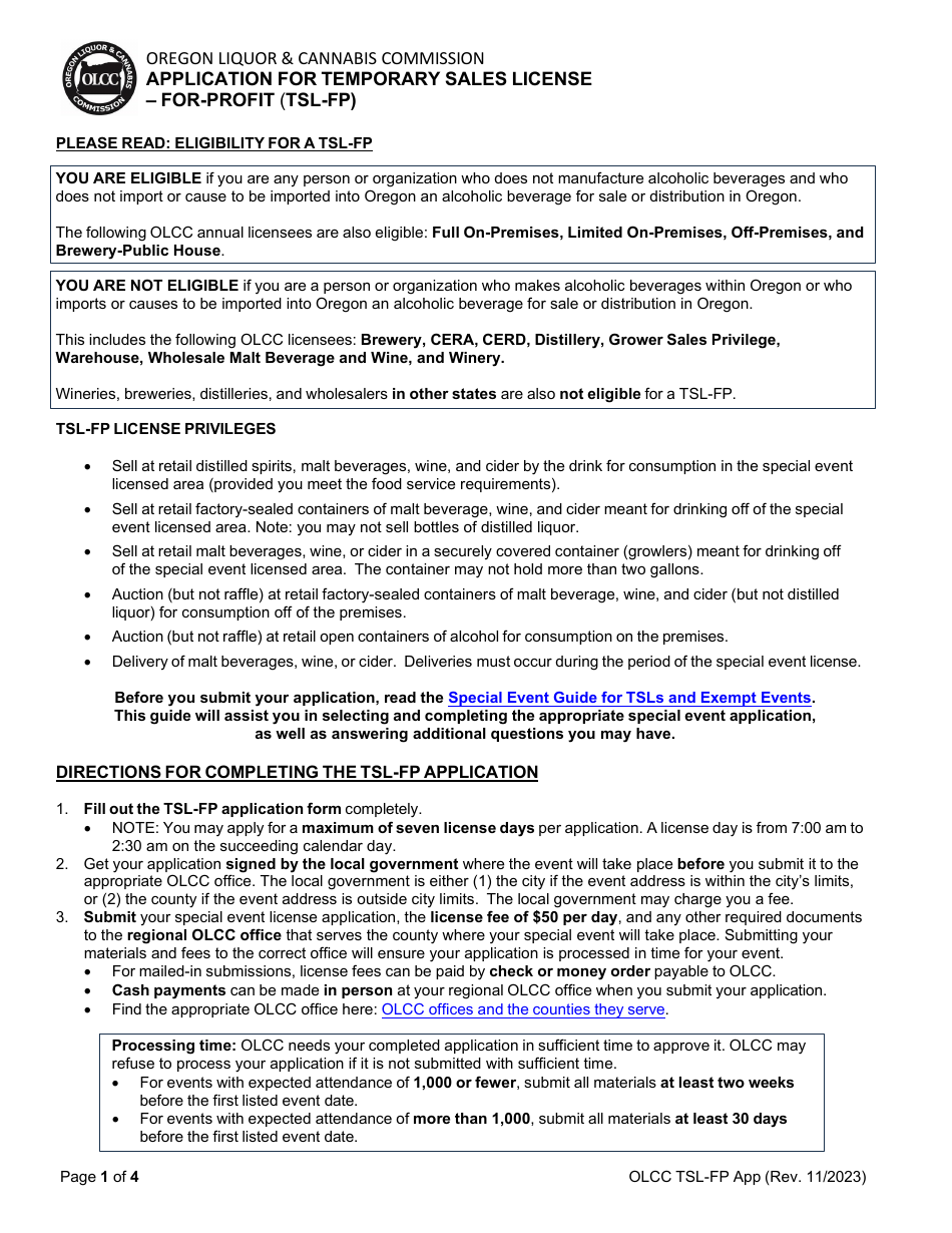 Oregon Application for Temporary Sales License - for-Profit (Tsl-Fp ...