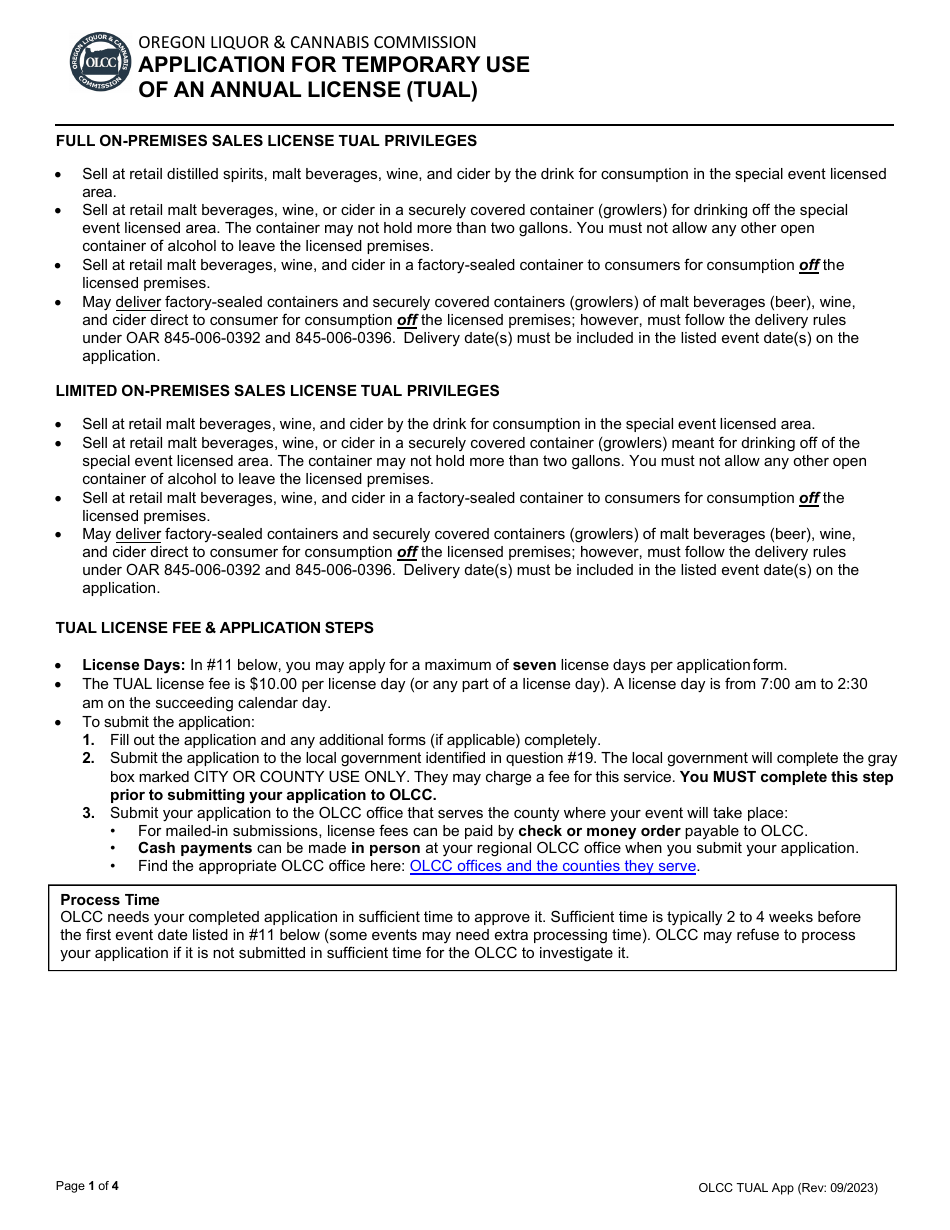 Oregon Application for Temporary Use of an Annual License (Tual ...