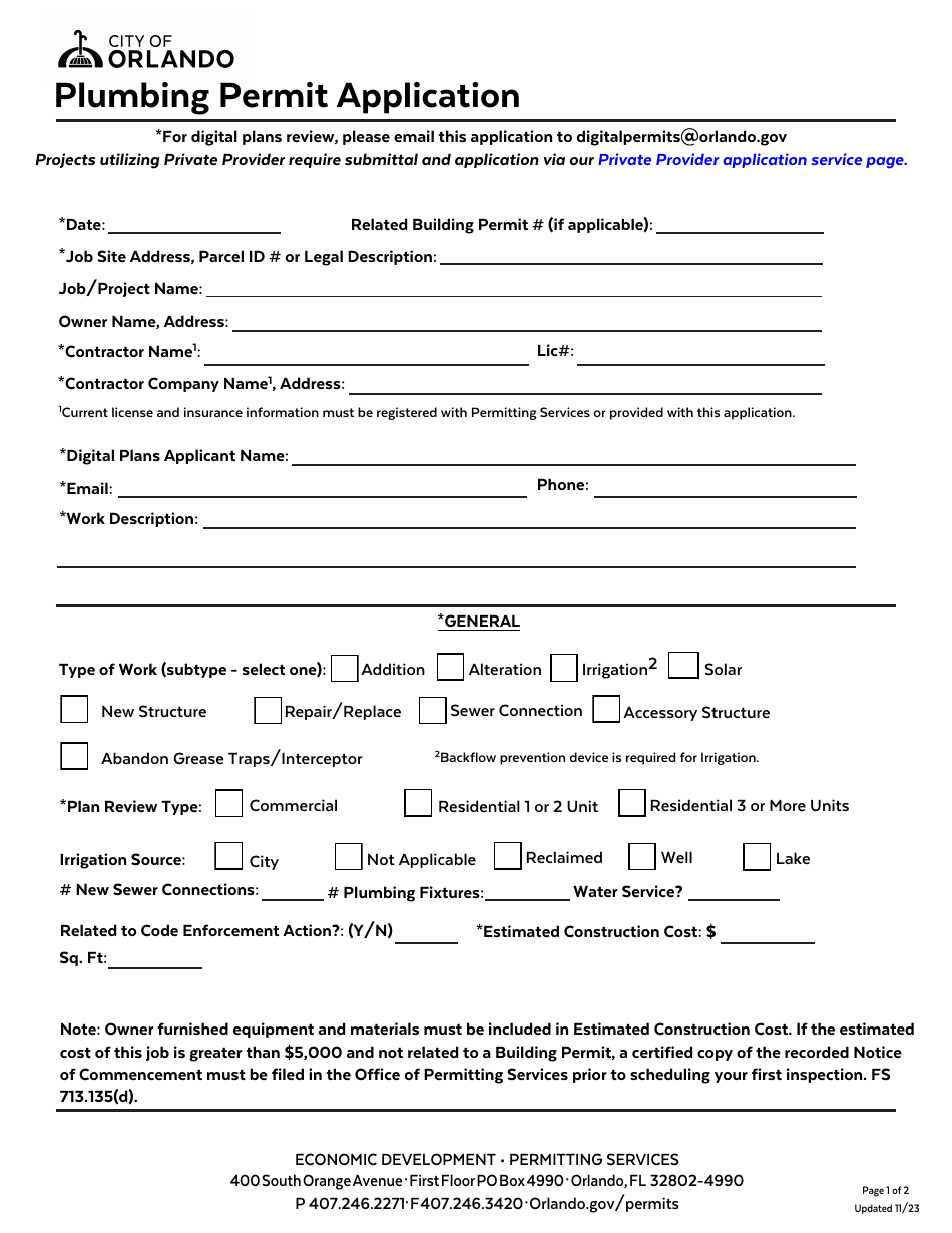 City of Orlando, Florida Plumbing Permit Application Download Fillable ...