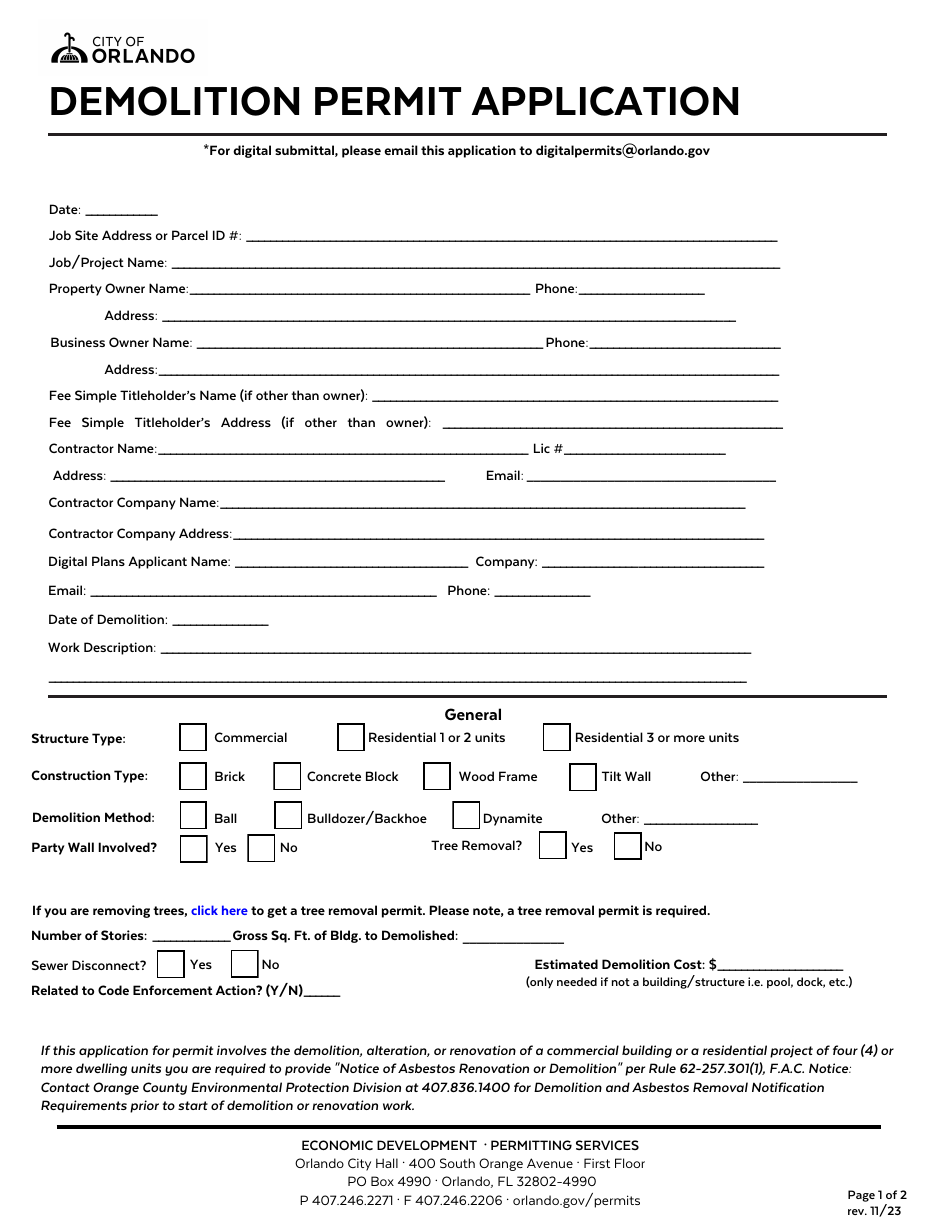 City of Orlando, Florida Demolition Permit Application Download Fillable PDF | Templateroller