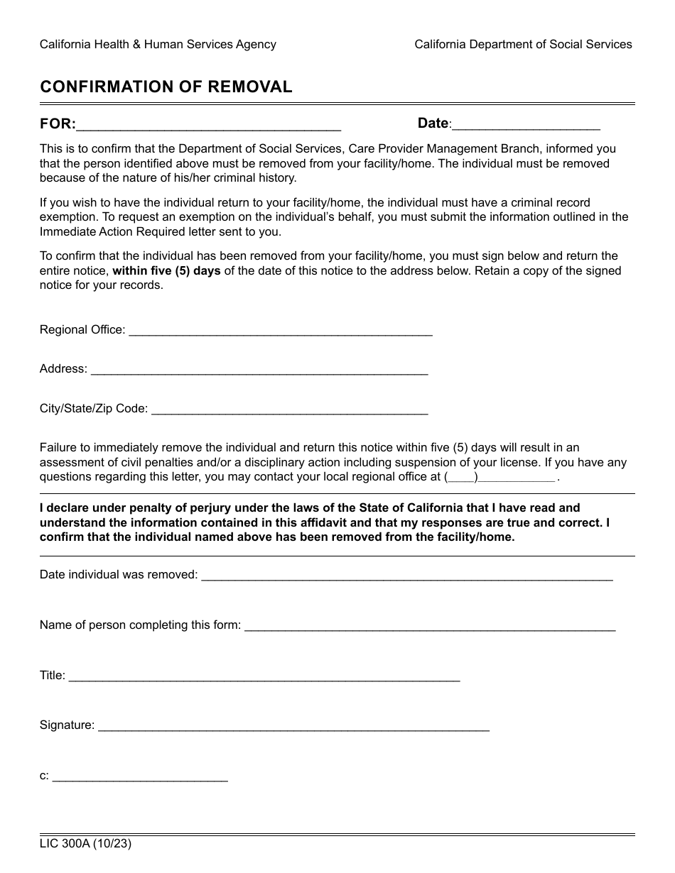 Form LIC300A Download Fillable PDF or Fill Online Confirmation of ...