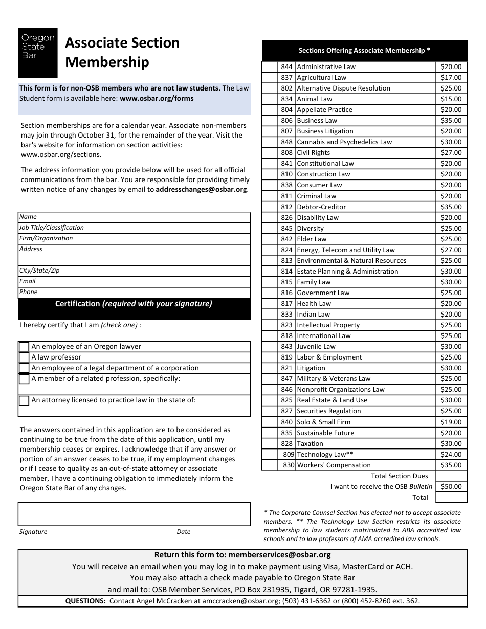 Oregon Associate/Non-member Section Membership Application - Fill Out ...