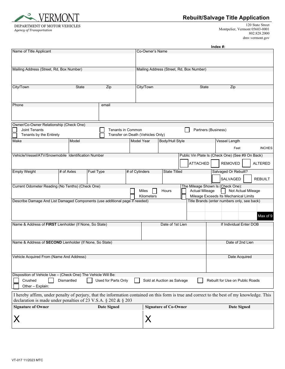 Form VT-017 Download Fillable PDF or Fill Online Rebuilt/Salvage Title ...