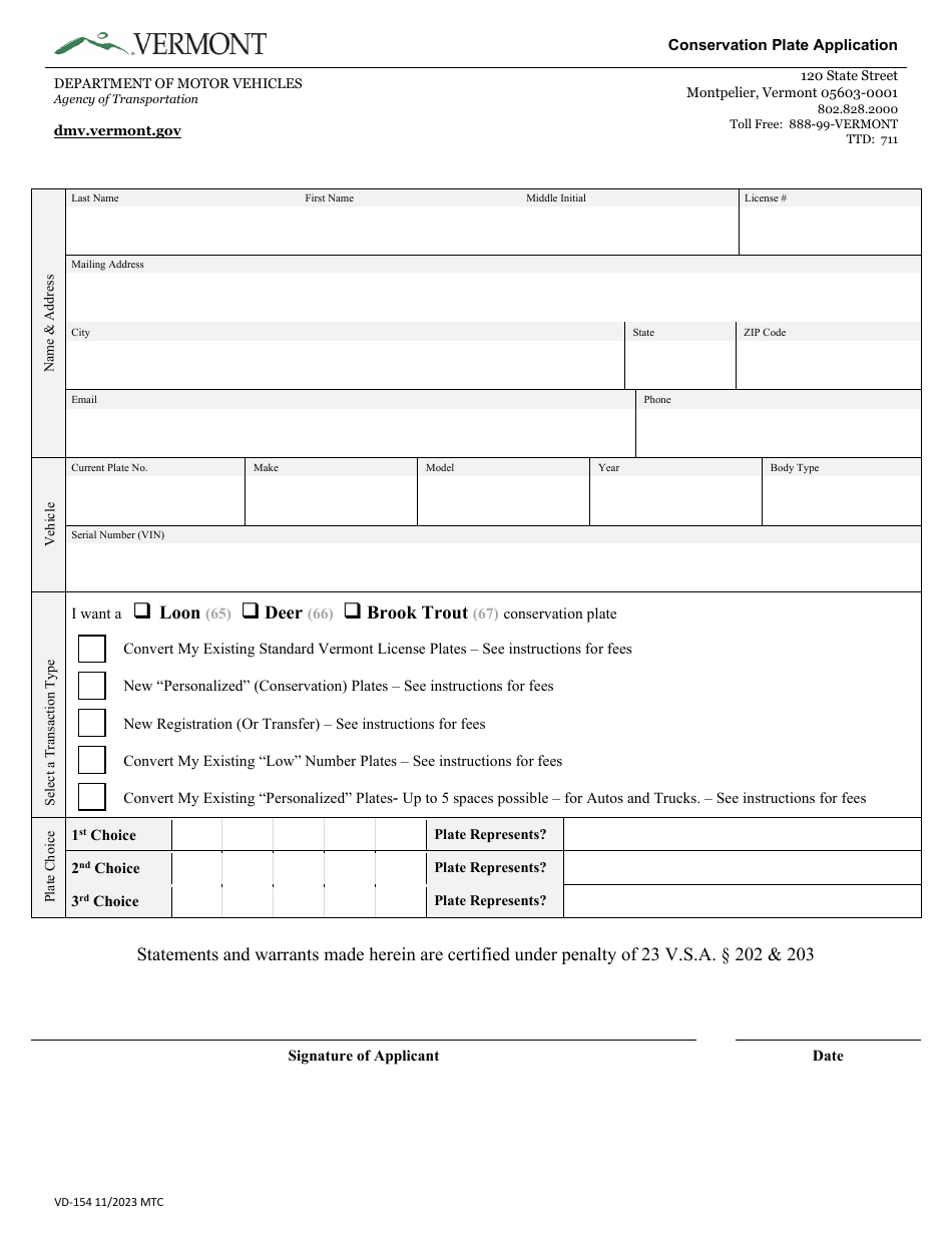 Form VD-154 Download Fillable PDF or Fill Online Conservation Plate ...