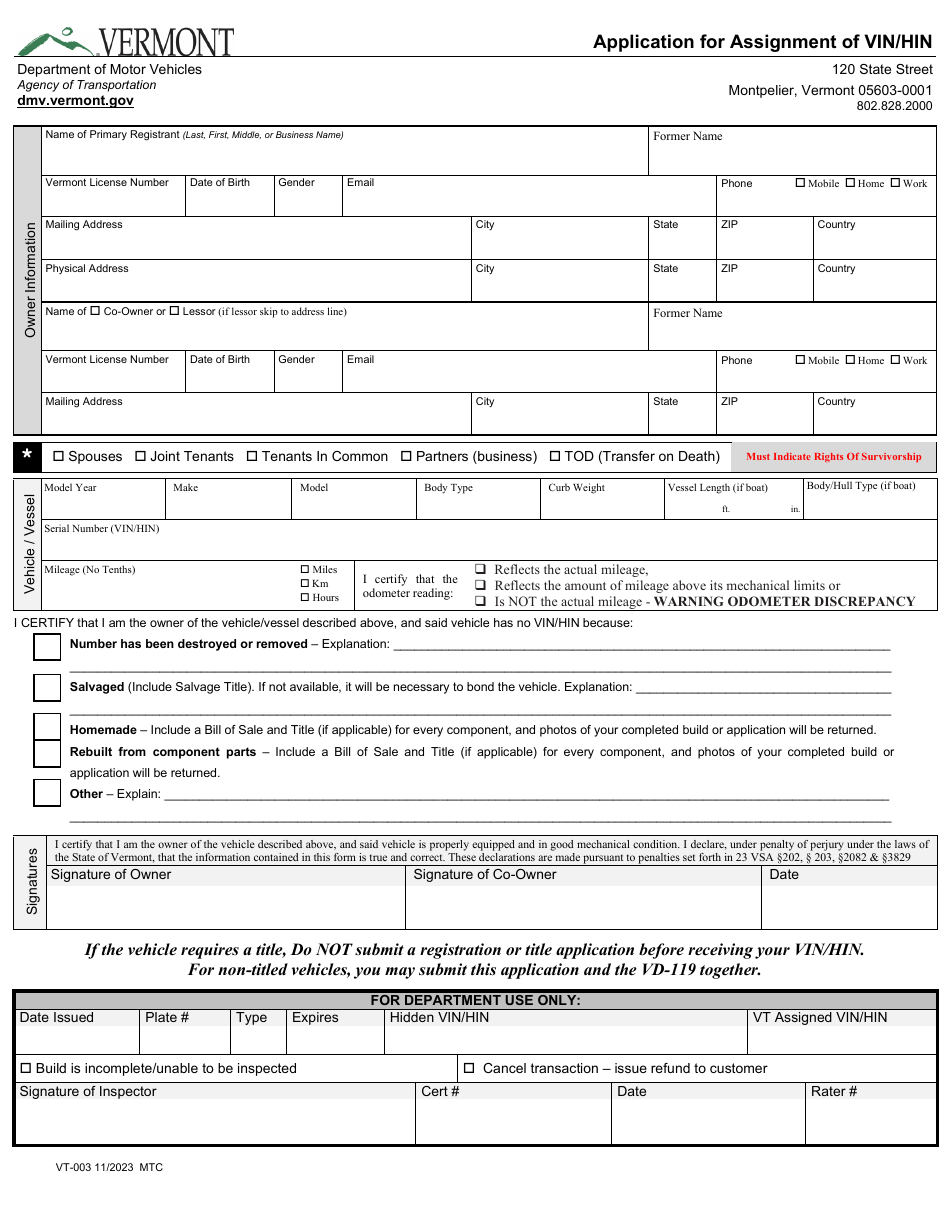 Form VT-003 Download Fillable PDF or Fill Online Application for Assignment of Vin/Hin, Vermont ...