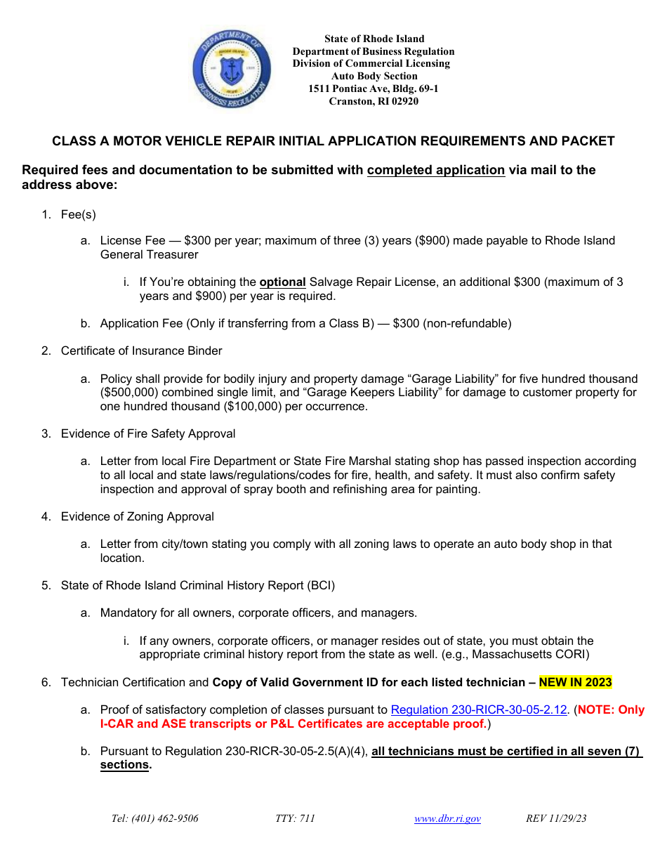 Rhode Island Initial Class a Motor Vehicle Repair Application Download ...