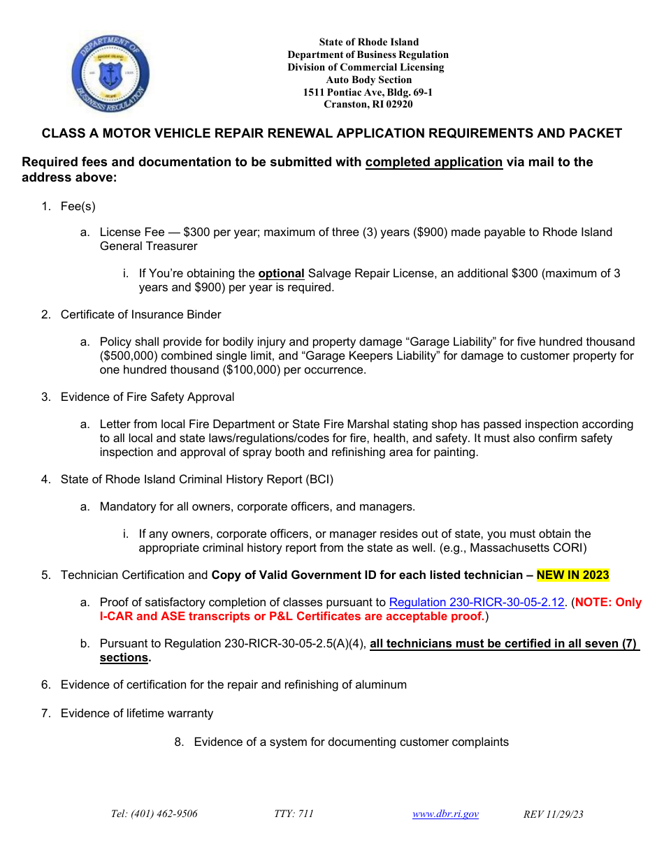 Rhode Island Class a Motor Vehicle Repair Renewal Application Download ...