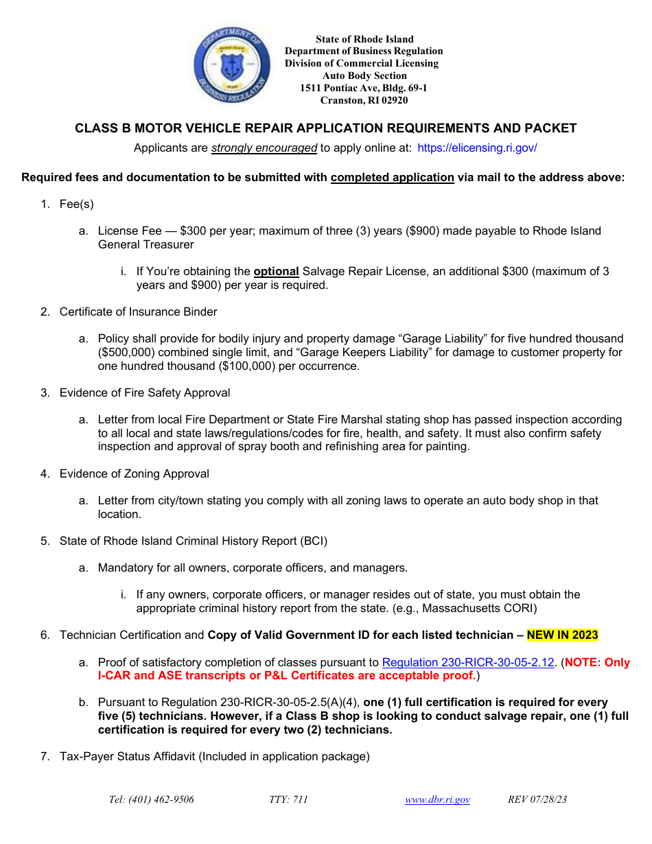 Rhode Island Initial Class B Motor Vehicle Body Repair Application ...